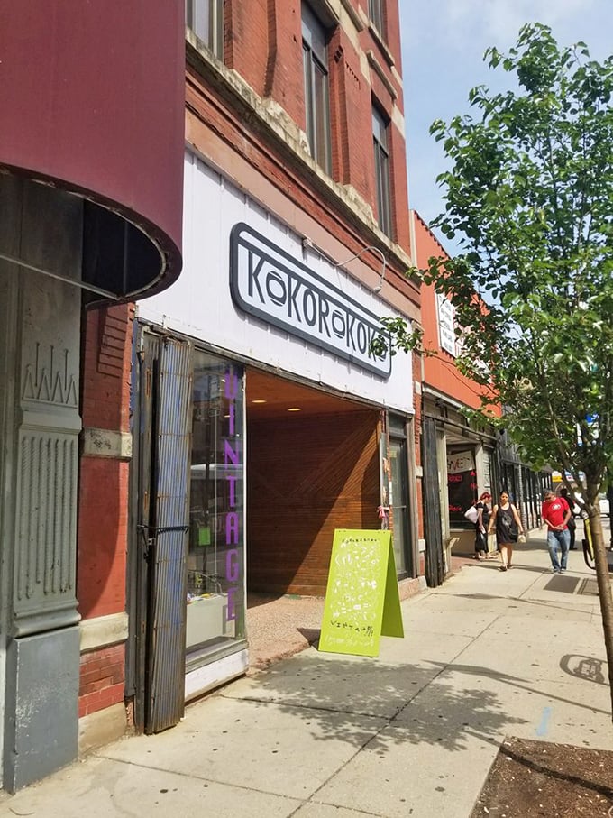 Nestled among Wicker Park's brick buildings, Kokorokoko's exterior gives just a hint of the technicolor treasures waiting inside. The yellow sidewalk sign beckons passersby.