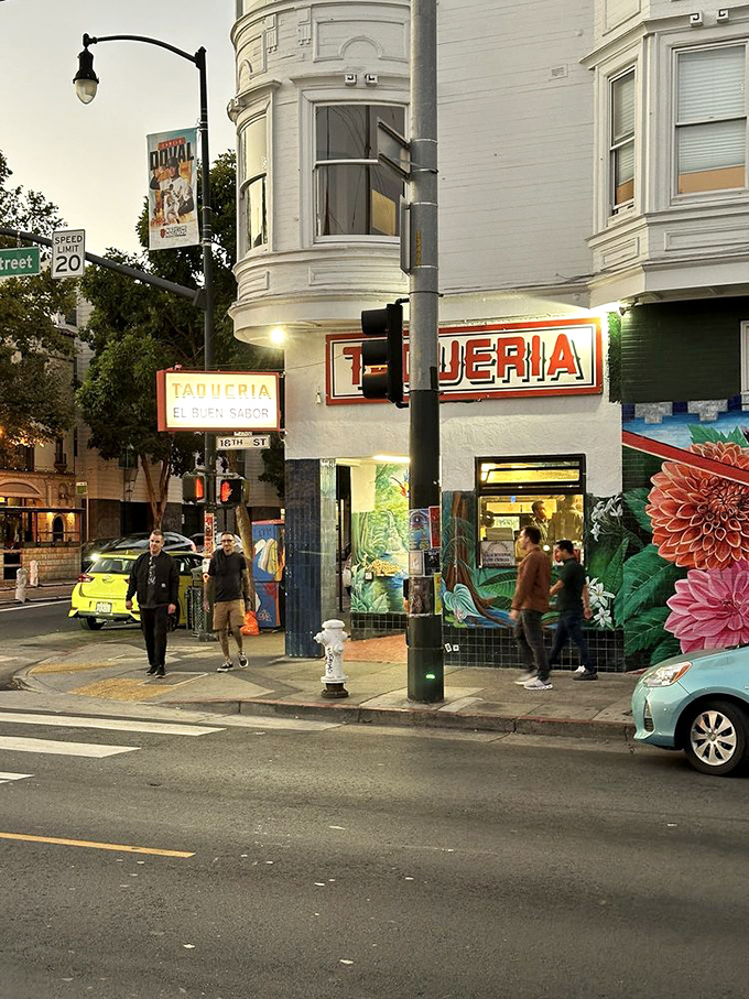 Corner location, maximum flavor impact. As dusk falls on the Mission, the taqueria's glow promises satisfaction to all who enter.