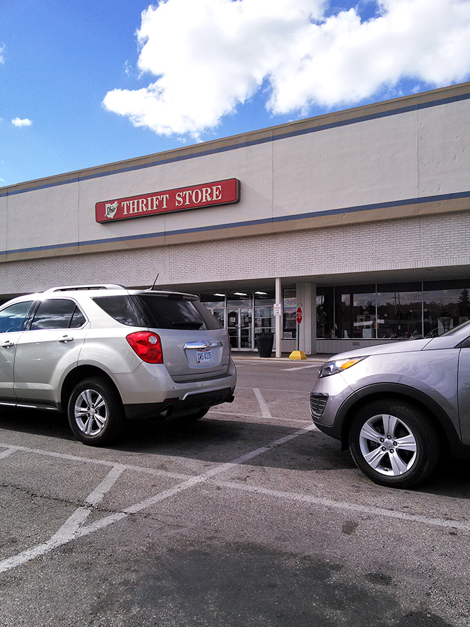 Blue skies welcome shoppers to this unassuming exterior—where cars in the parking lot represent every economic demographic united by bargain appreciation.