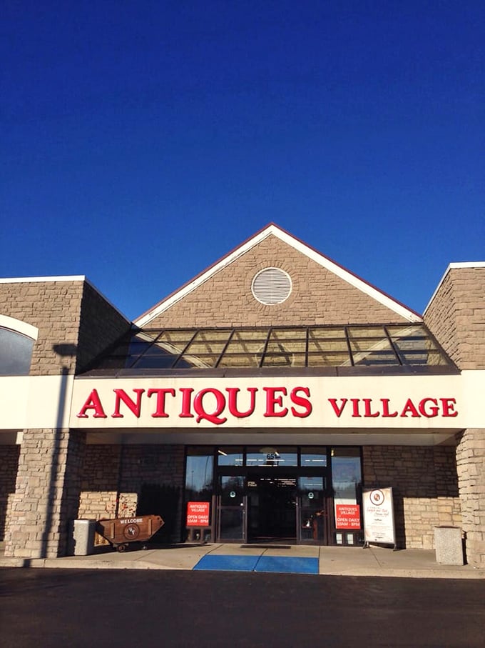 Blue skies welcome treasure hunters to this stone palace of vintage delights. The hunt begins where the sign ends.