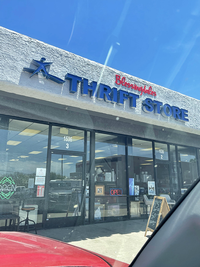 The desert sun highlights Blessingdales' unassuming exterior&mdash;proof that in thrifting, as in life, it's what's inside that counts.