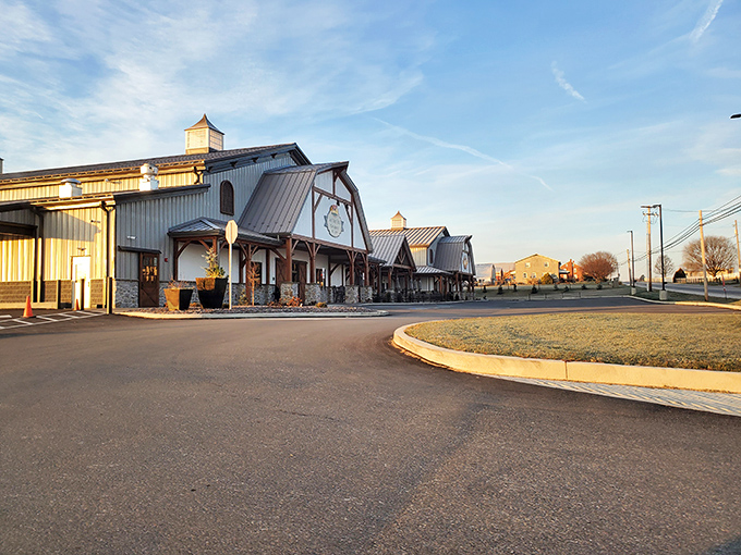 Morning light bathes the distinctive architecture in golden hues, highlighting the careful blend of function and beauty in this working farm destination.