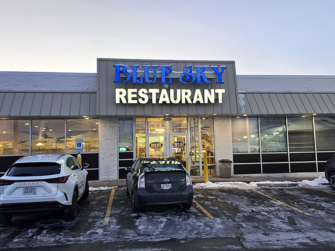 Even in winter, Blue Sky Restaurant's sign shines like a beacon for hungry travelers. Your stomach's North Star in Elyria.