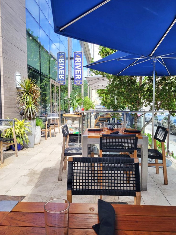 Miami's perfect weather deserves perfect outdoor seating. Blue umbrellas provide shade while you contemplate ordering just one more round of oysters.