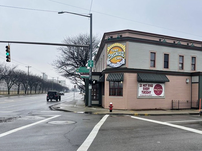 Rain or shine, the hot dog shrine beckons. Even on gray days, Tony Packo's corner location promises warmth and satisfaction inside.