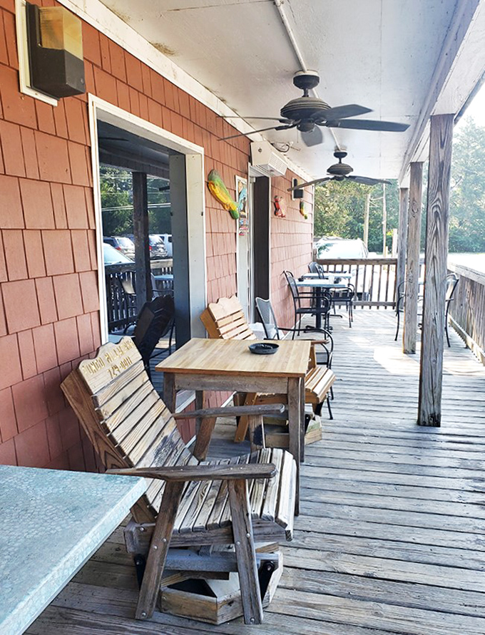 The weathered porch offers a moment of quiet contemplation before the seafood storm inside &ndash; or a place to loosen your belt afterward.
