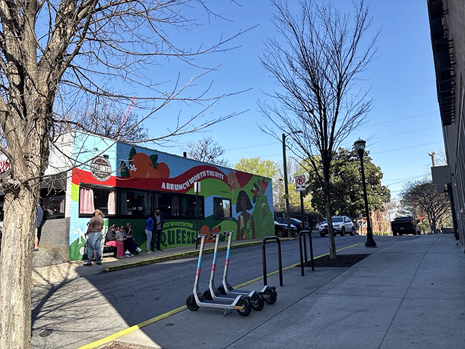 A colorful mural brightens the exterior of what appears to be a sister location, proving that good breakfast concepts, like the best recipes, deserve to be shared widely.
