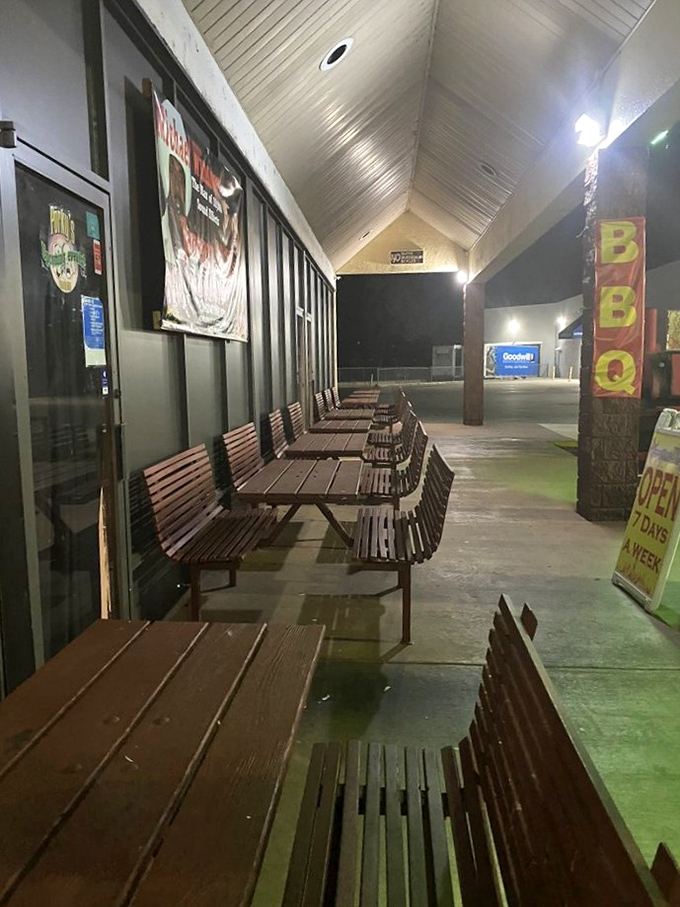 Outside seating for those perfect Florida evenings when the temperature drops below "surface of the sun" levels. The wooden benches have witnessed countless food comas.