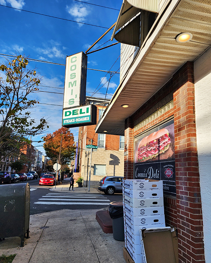 Autumn in South Philly sets the perfect scene. The iconic Cosmi's sign stands against a blue sky, beckoning hungry visitors from near and far.