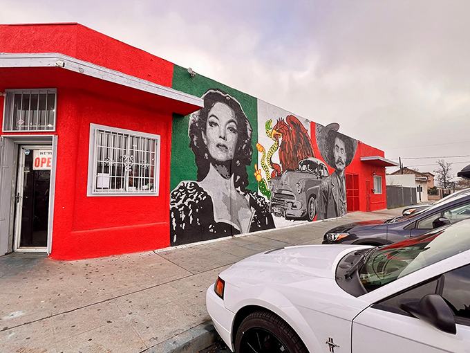 The exterior mural featuring Mexican cinema icons signals that what awaits inside isn't just a meal—it's a cultural experience worth documenting.