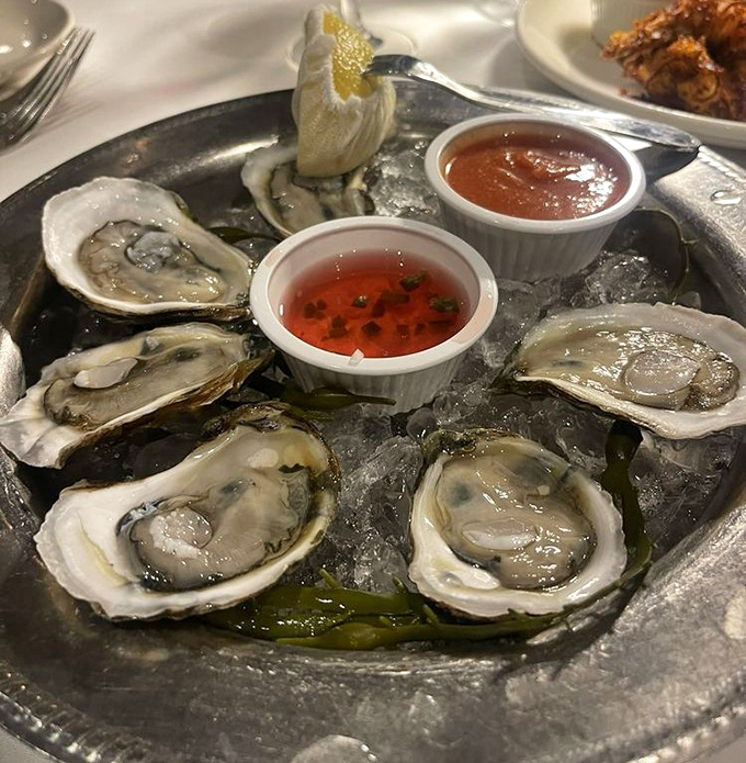 Fresh oysters glistening on ice like treasures from Neptune's vault. Two dipping sauces because one simply wouldn't do these beauties justice.
