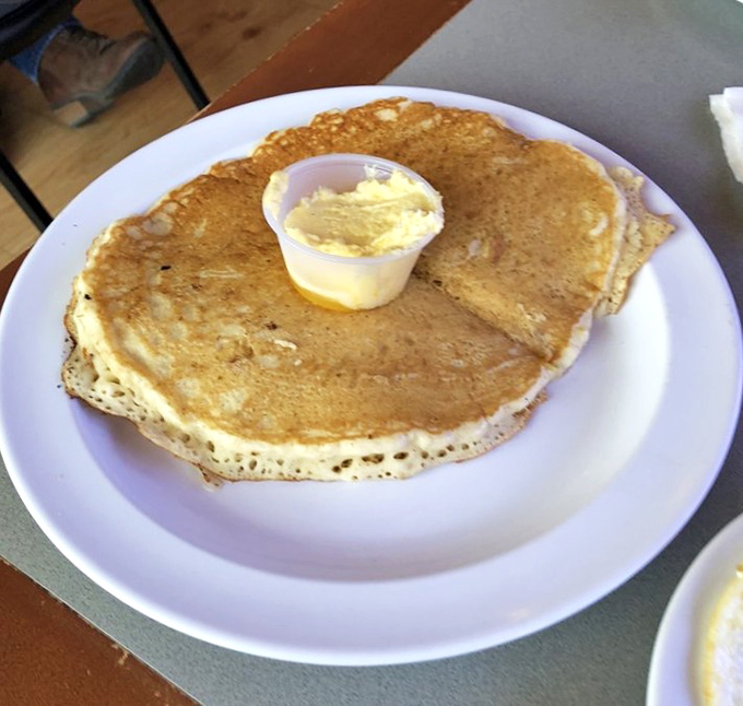 A pancake so perfectly golden it deserves its own sunrise, with a side of butter melting into a delicious morning lake.