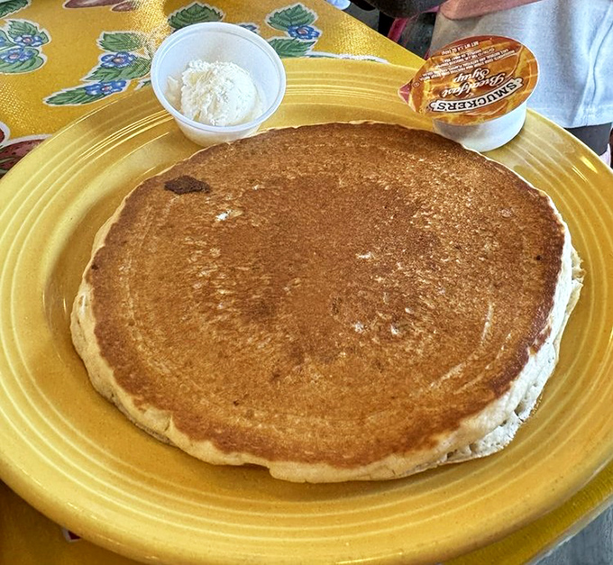 A pancake so perfectly golden it looks like it was crafted by breakfast angels with serious skills.