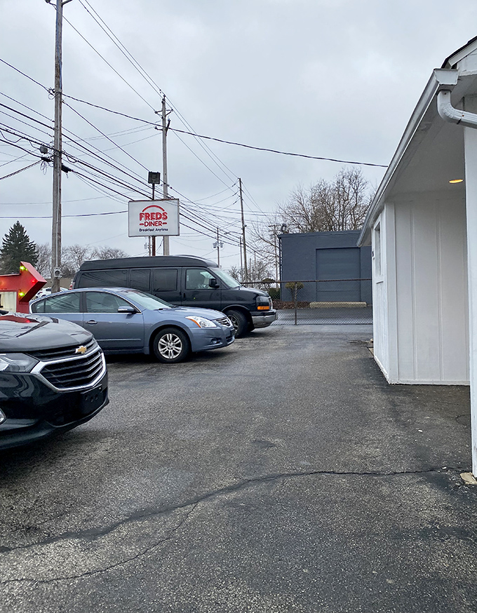 The parking lot might not look like much, but these spaces have held vehicles of loyal customers who know that breakfast greatness waits inside.