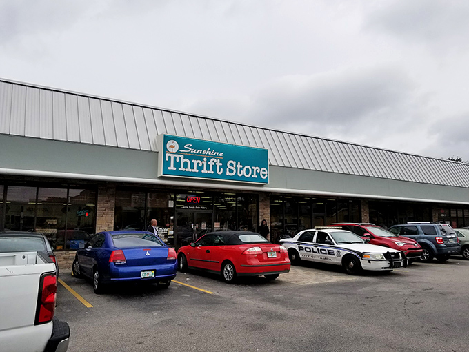 Even local law enforcement can't resist Sunshine's deals &ndash; this parking lot holds vehicles of shoppers from all walks of life, united by the thrill of the find.