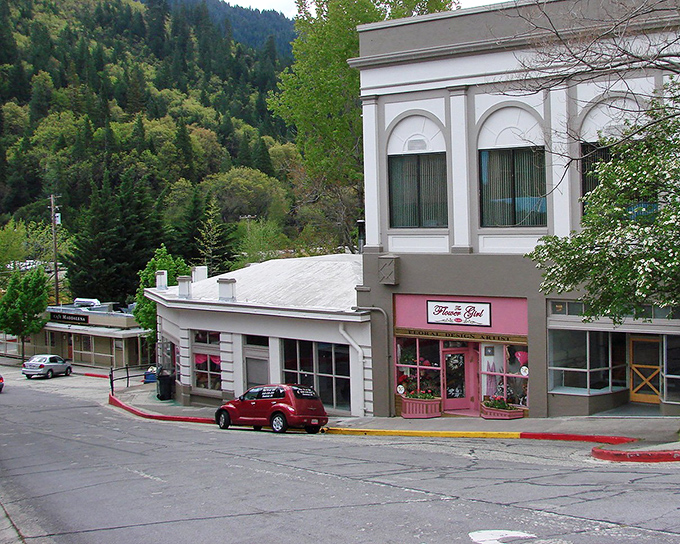 Downtown buildings hug the corner where Pine Street meets possibility. The mountains aren't just scenery here&mdash;they're active participants in daily life.