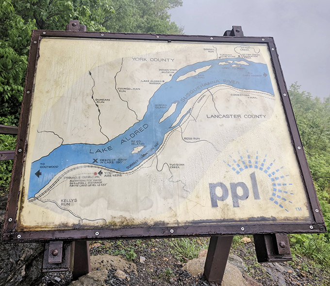 Maps: the original GPS that never loses signal. This weathered guide shows Lake Aldred's serpentine path through York and Lancaster counties, with "X" marking your spectacular spot.