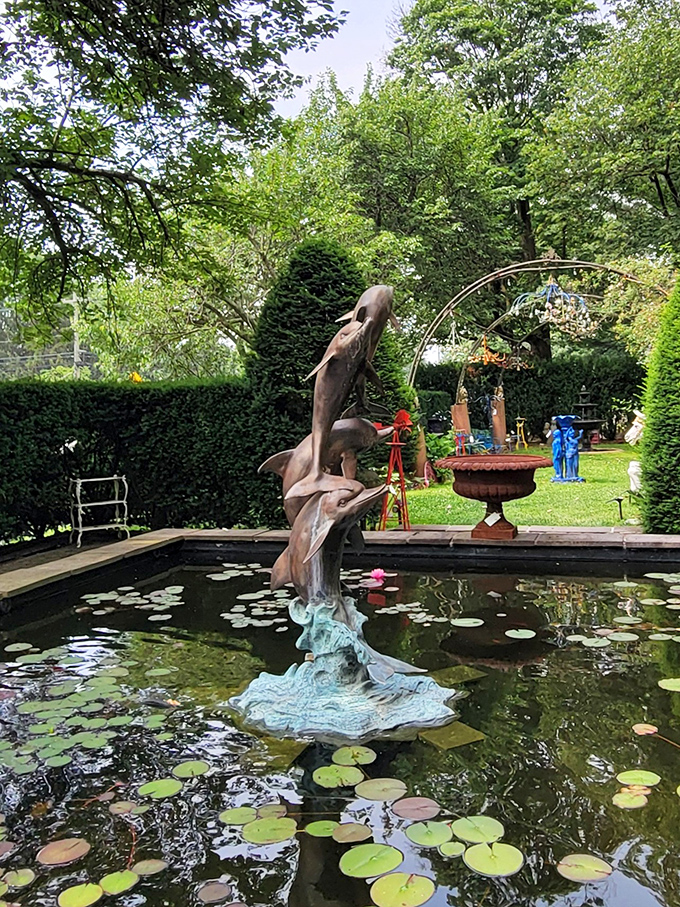 A moment of tranquility amidst the macabre. This serene pond and sculpture provide a peaceful counterpoint to the museum's more unsettling exhibits.