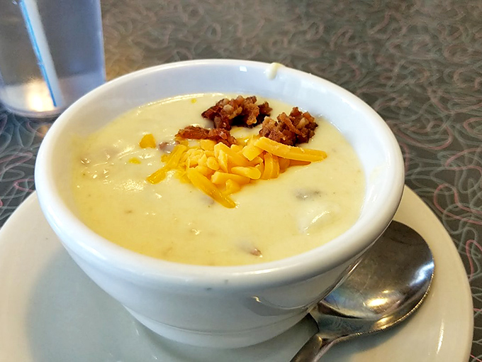 A bowl of potato soup that could make even non-soup people reconsider their life choices.