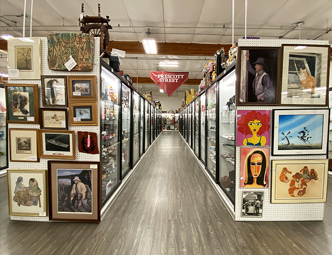 Prescott Street's art gallery walls create a canyon of creativity. From classic portraits to pop art, every frame tells a different story.