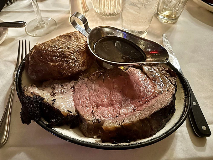 Prime rib that's traveled through time and temperature to reach its perfect destination: a plate headed straight for your eager fork.