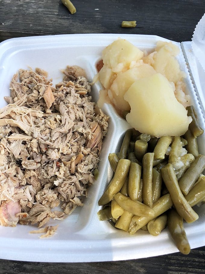 The barbecue plate in its purest form: pulled pork alongside potatoes and green beans. No passport required for this Southern journey.