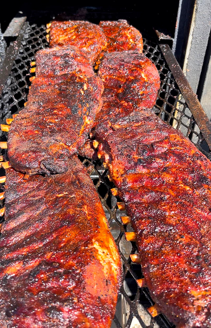 Ribs in their natural habitat &ndash; on the smoker, bathed in heat and smoke, transforming into the stuff of Detroit BBQ legend.