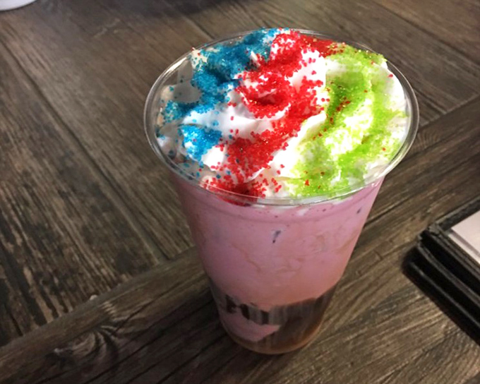 This whimsical rainbow-topped creation is what would happen if a milkshake went to art school and came back with big city dreams.