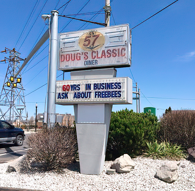 Sixty years in business and still promising "freebees"&mdash;this roadside sign has guided hungry travelers through administrations, fashion trends, and musical revolutions.