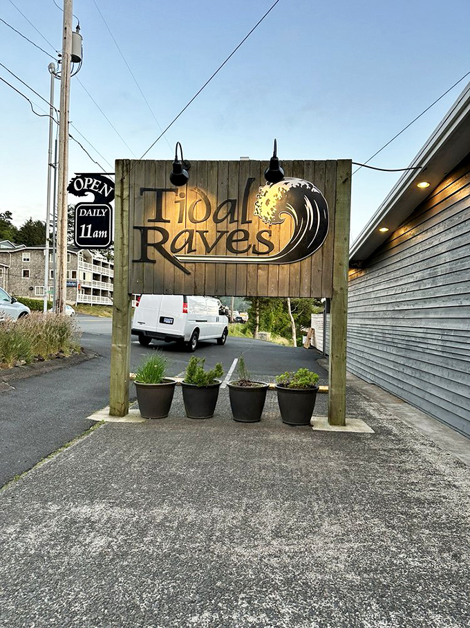 The wooden sign stands like a coastal sentinel, promising seafood nirvana just beyond. Open daily at 11am&mdash;your stomach's new favorite time.