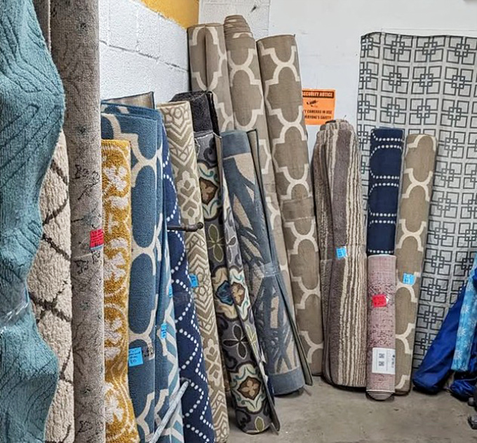 The rug section&mdash;where floor coverings with past lives await adoption. That geometric pattern has seen some dance moves in its day!