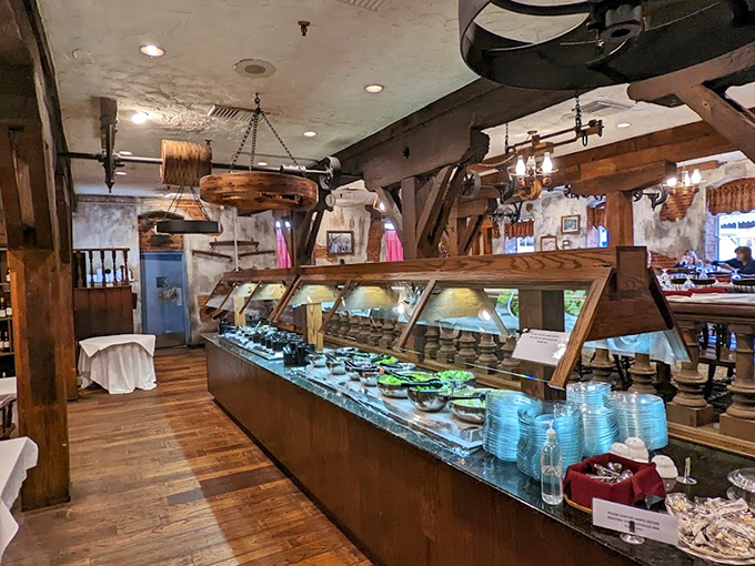 The salad bar isn't an afterthought but a destination itself, housed in what looks suspiciously like repurposed mill equipment. Brilliant!