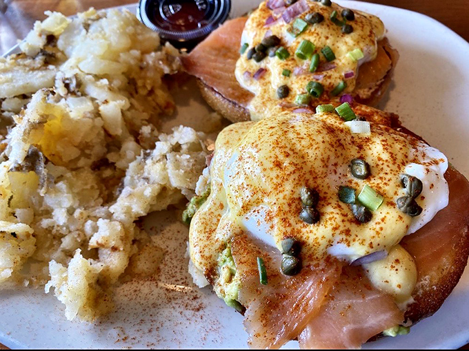 Salmon Benedict that makes ordinary eggs Benedict hang its head in shame&mdash;perfectly poached eggs atop smoky salmon and English muffins.