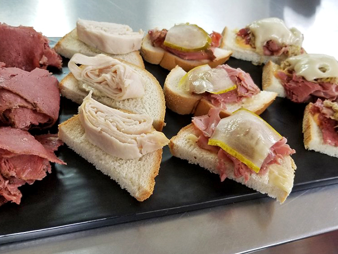 A sampler tray of deli delights that would make any meeting instantly more productive. Notice how the pickles add that crucial acidic counterpoint.