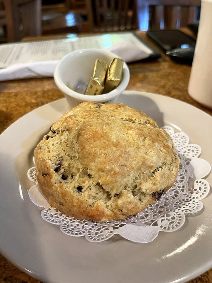 The humble scone—presented on a doily like royalty—sits beside gold-wrapped butter, waiting to transform your ordinary coffee break into a proper afternoon ritual.