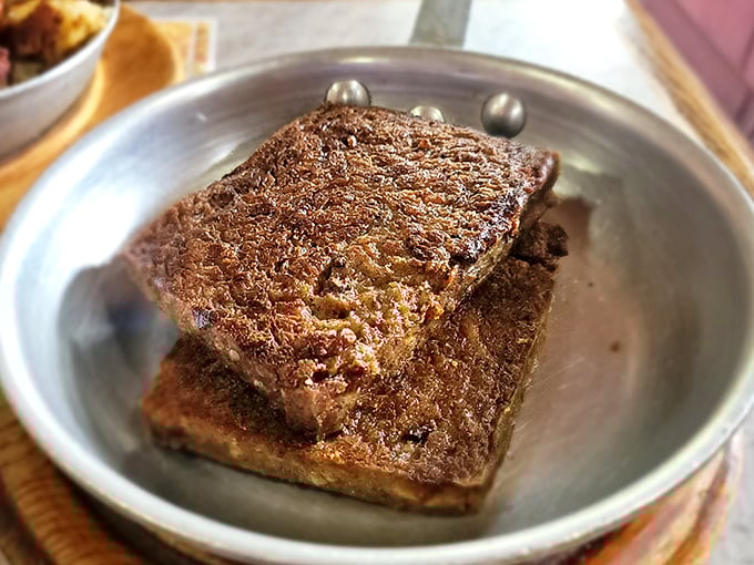 Scrapple &ndash; Pennsylvania's most misunderstood breakfast meat &ndash; gets the royal treatment with a perfect sear that converts skeptics into evangelists.