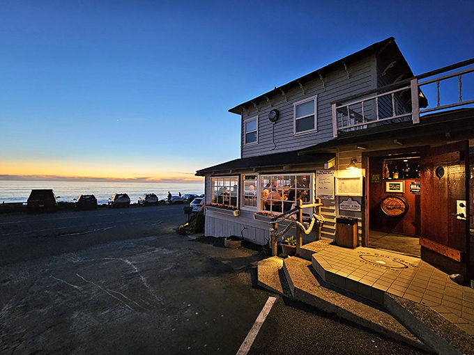The Sea Chest Oyster Bar at sunset&mdash;where the day's last light transforms a simple seafood dinner into a memory you'll revisit for years.