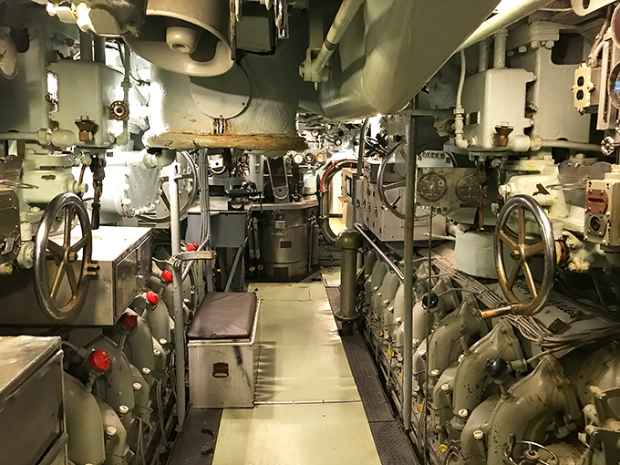 Step into the submarine's engine room and suddenly claustrophobia has a new definition – imagine maintaining these controls during a depth charge attack!