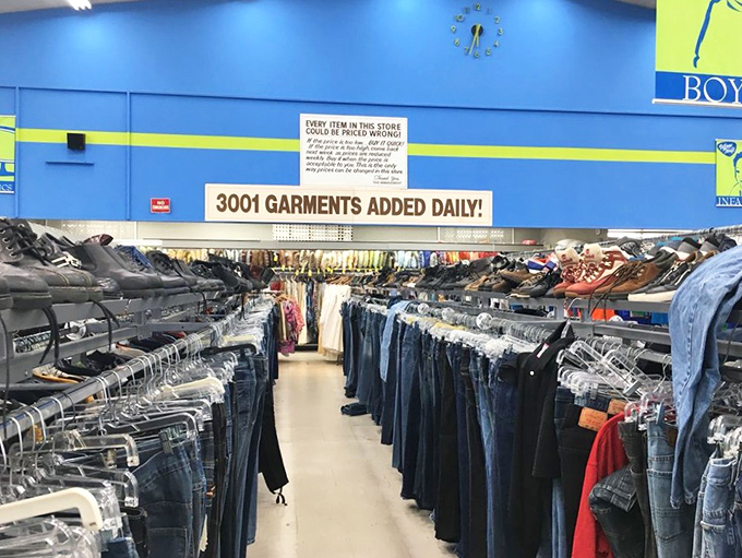 "3001 Garments Added Daily!" proclaims the sign above an ocean of denim. Your perfect-fitting jeans are in here somewhere&mdash;the thrill is in the hunt.