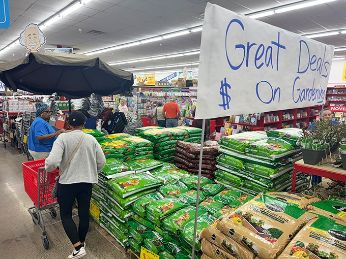 Bargain hunters in their natural habitat. The red carts fill up quickly when garden supplies are priced like it's 1995.