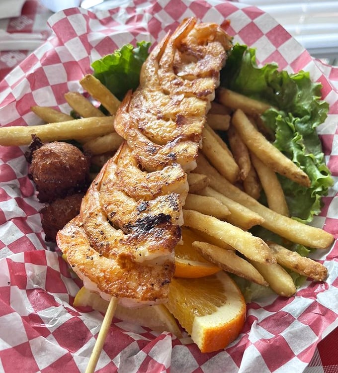 A skewer of grilled shrimp that makes you wonder why you ever bothered with complicated food when simplicity tastes this good.