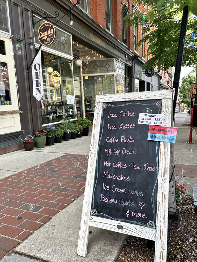 A chalkboard menu of liquid happiness. Coffee floats, milkshakes, and slushies &ndash; proof that Lancaster knows how to drink dessert properly.