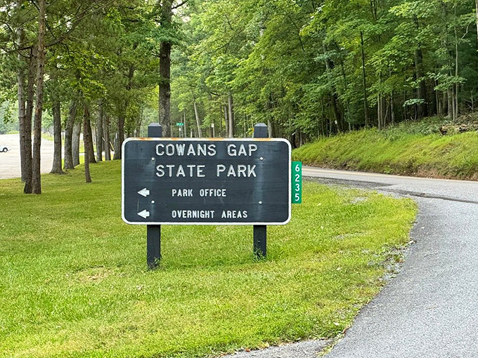 The entrance sign&mdash;your official invitation to leave stress behind. Consider this your permission slip for a day of outdoor therapy.