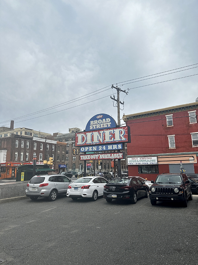 "OPEN 24 HRS" might be the three most beautiful words in the English language. Broad Street Diner's sign promises comfort food whenever you need it.