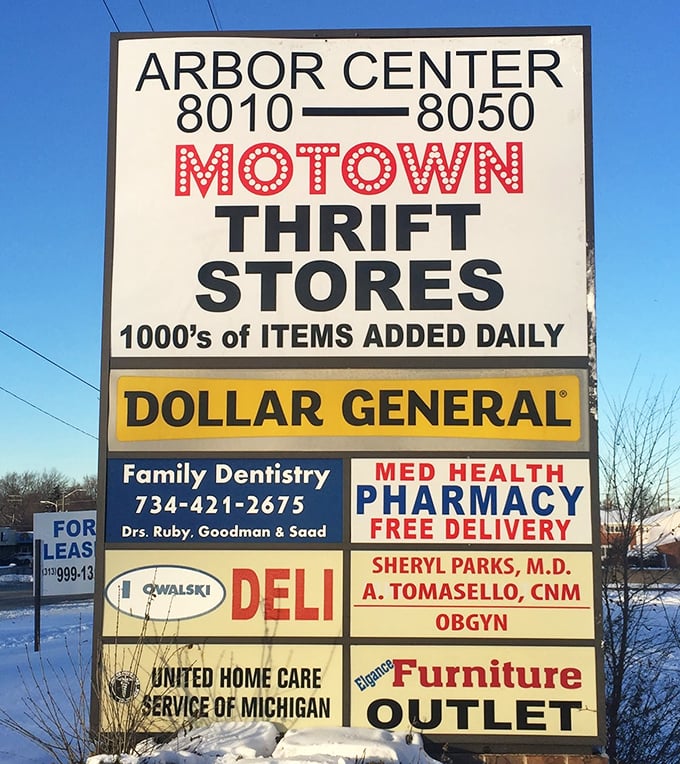 The roadside marquee announces Motown Thrift's presence in the Arbor Center, promising "1000's of items added daily"&mdash;a siren call to dedicated bargain hunters.