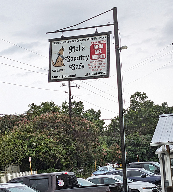 The sign says it all&mdash;home of the Mega Mel Burger and country cooking at family prices. No false advertising here, just honest-to-goodness promises.
