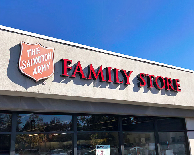 That bold red shield against clear California sky isn't just signage&mdash;it's a beacon for bargain hunters and community supporters alike.