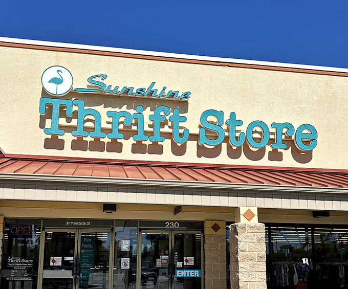 That iconic turquoise signage against Florida's impossibly blue sky. Sunshine Thrift Store&mdash;where bargain hunting becomes an art form.