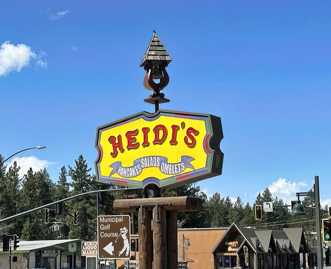 The beacon of breakfast beckons from above! This iconic sign has guided hungry travelers through Tahoe fog, snow, and sunshine for decades.