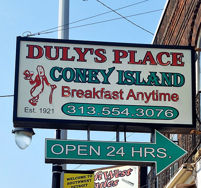 A beacon in the night. That vintage sign promising "Breakfast Anytime" and "OPEN 24 HRS" has guided hungry Detroiters home for generations.